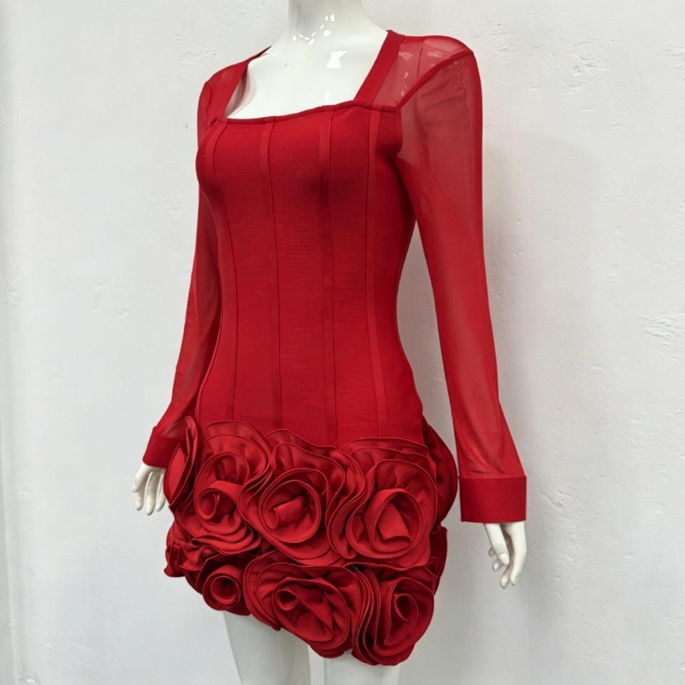 Sexy Square Neck Patchwork Floral Mini Bandage Dress Women Long Sleeve ...