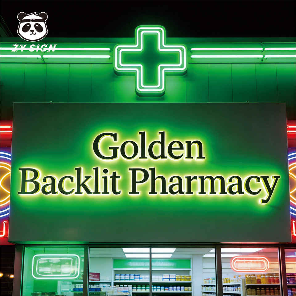 Pharmacy Green Cross Sign LED Metal Golden Backlit Illuminated Outdoor ...