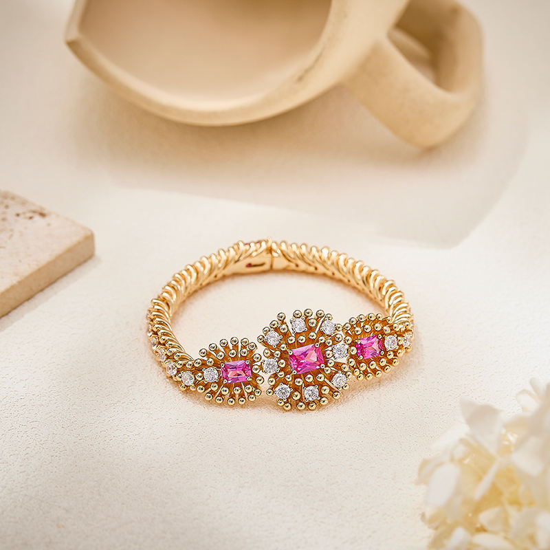 18k Gold Retro Floral Shaped Women's Bracelet Spring Buckle Brass ...