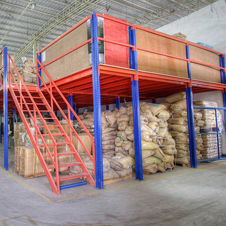 Warehouse attic loft mezzanine floor pallet rack on tracks work ...