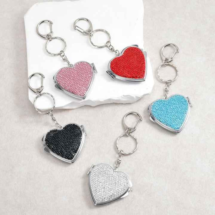 Stainless Steel Heart-Shaped Compact Mini Makeup Pocket Mirror Keychain ...