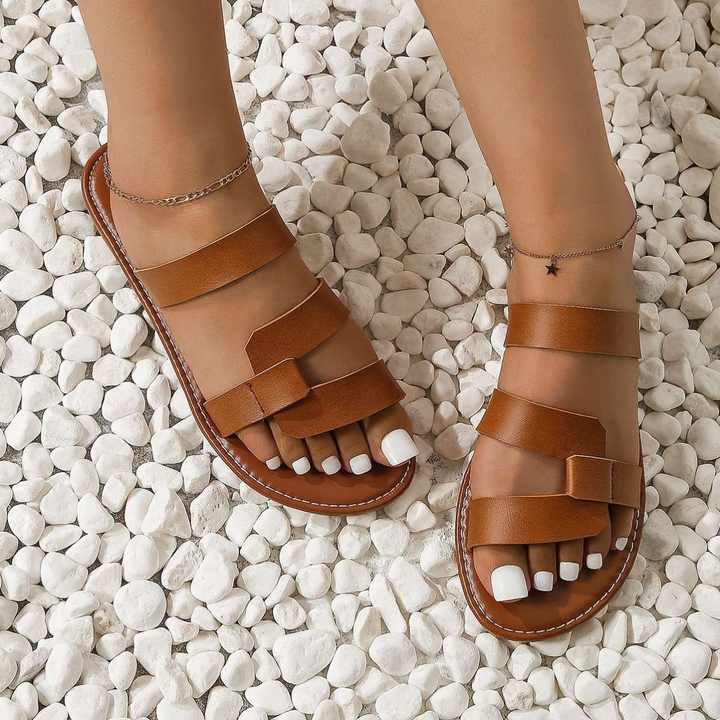 Ruizi Luxury Open Toe Flat Shoes Summer Casual Slip on Leather Slide ...