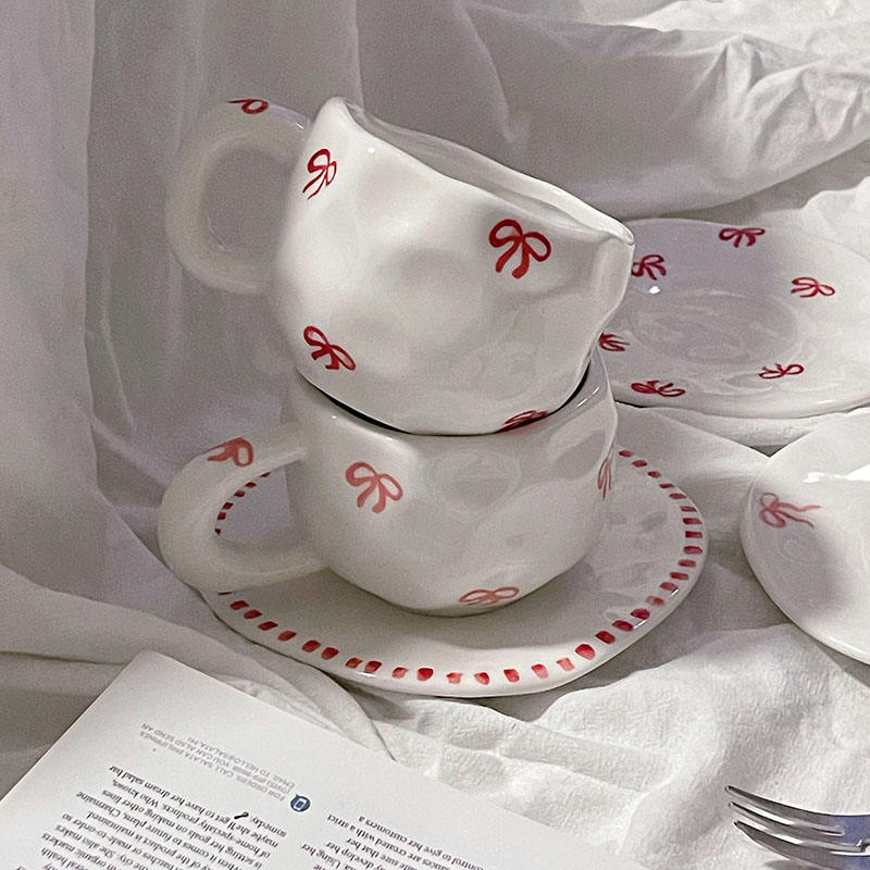 Ins Style Hand-Painted Bow Ceramic Coffee Cup Saucer