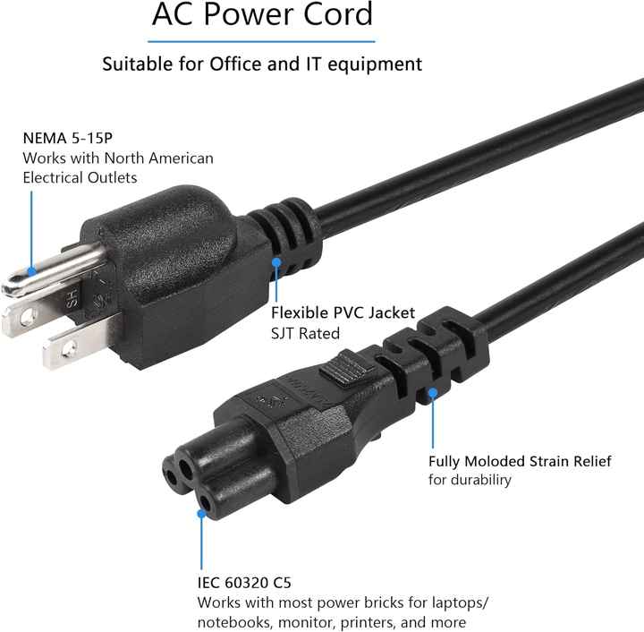 2FT Laptop AC Power Cord Universal, 3Prong Replacement Computer Power Cable 18AWG NEMA 5-15P to ...