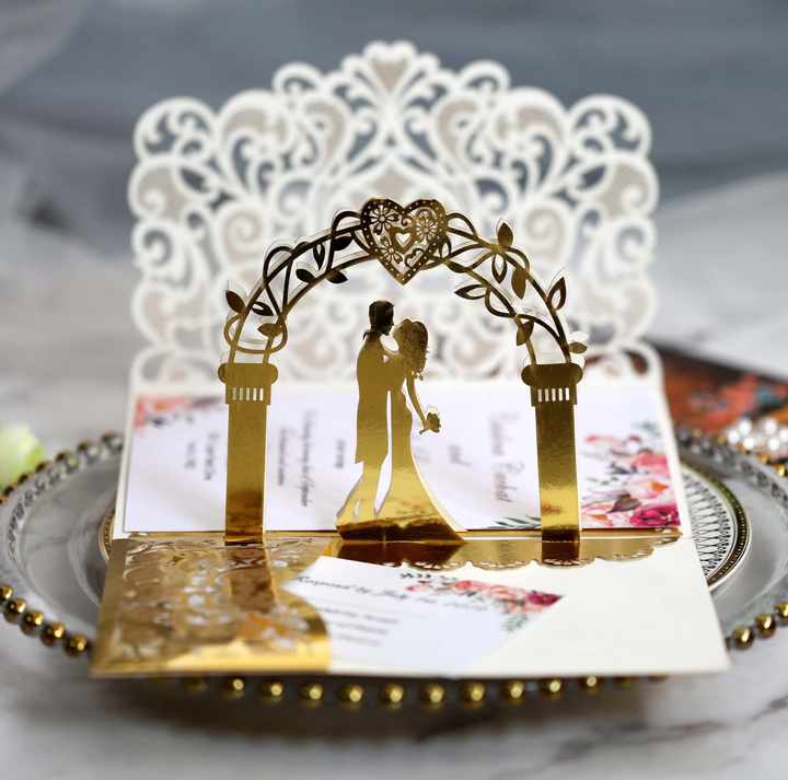 Wedding Supplies Custom Pop Up Luxury 3D Three Dimensional Laser Cut Wedding Invitation Card with Blank