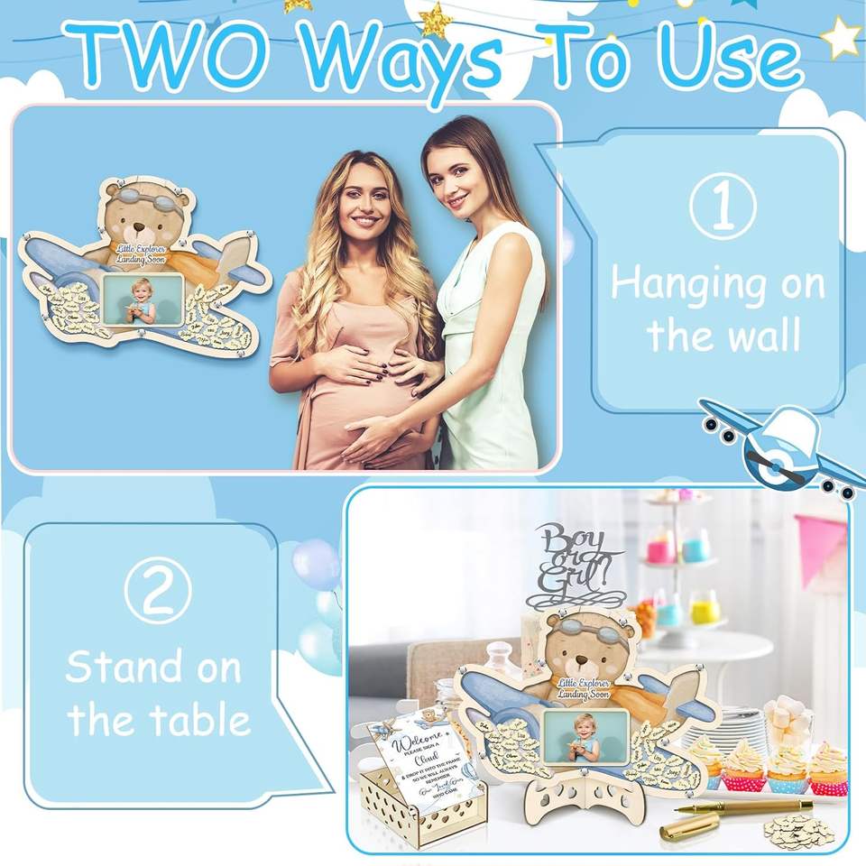 Airplane & Bear Theme Baby Shower & Birthday Guest Book Set with 60 ...