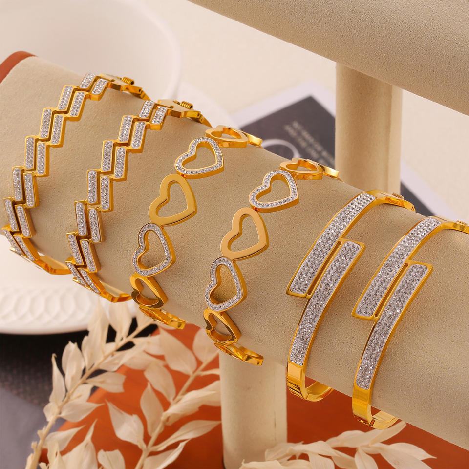 New Trendy Geometric CZ Inlaid Multi Layer Hollow Bracelet Stainless ...