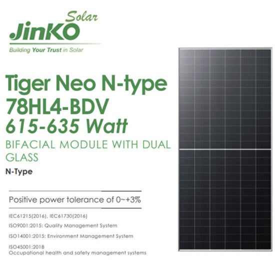Jinko Solar Panel Bifacial Module - 615W to 635W Power