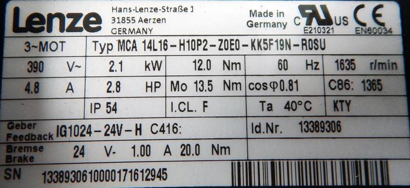 MCA14L16H10P2Z0E0KK5F19NR0SU Servo Motor 13389606 With Encoder Brake ...