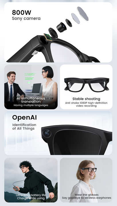 800W HD Camera Smart Glasses E03 Video Recording WIFI Transfer Gesture ...