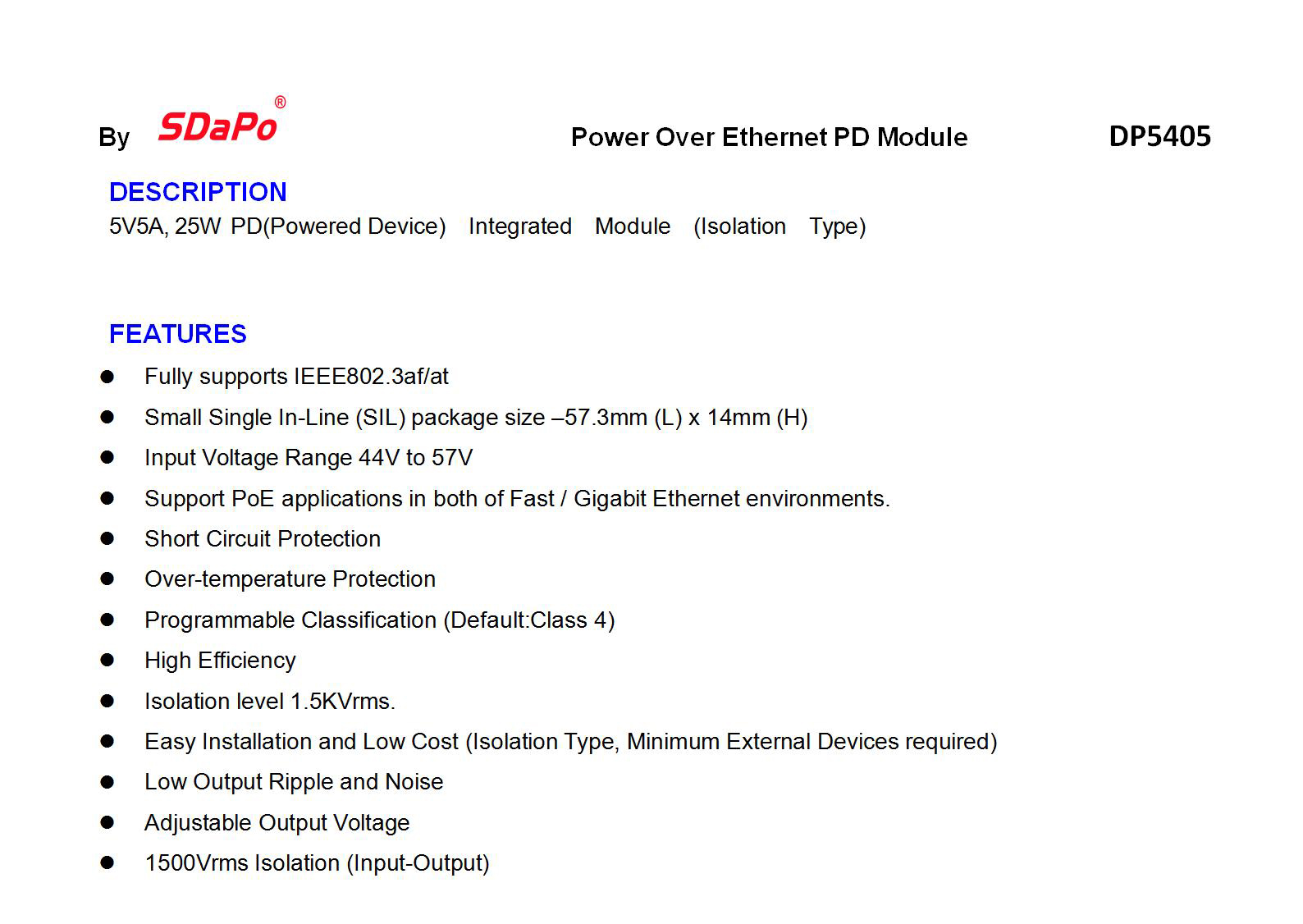 Efficiency up to 92% poe module SDAPO DP5405
