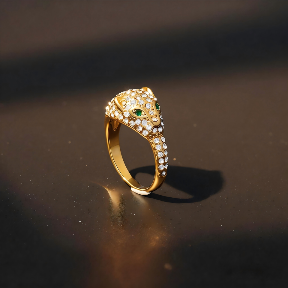 Women's Fashion Ring Leopard Head Design Green Gemstone Eyes Rhinestone ...