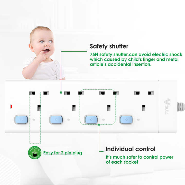 Bull 4-Way UK Extension Power Strip Surge Protector 13A Rated Current ...