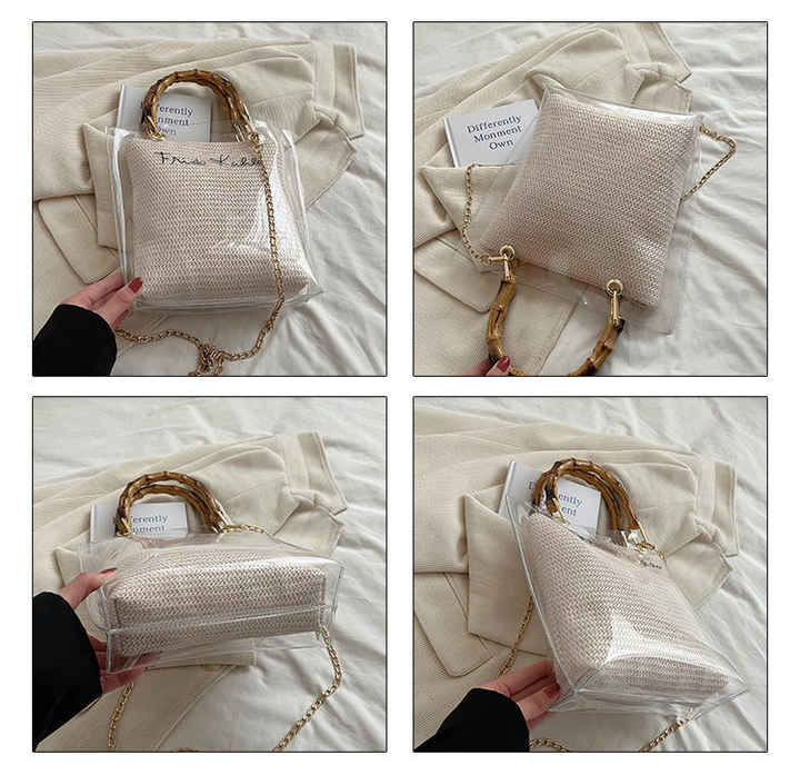 Clear Purse PVC Transparent Bag Work Handbags with Bamboo Handle for ...