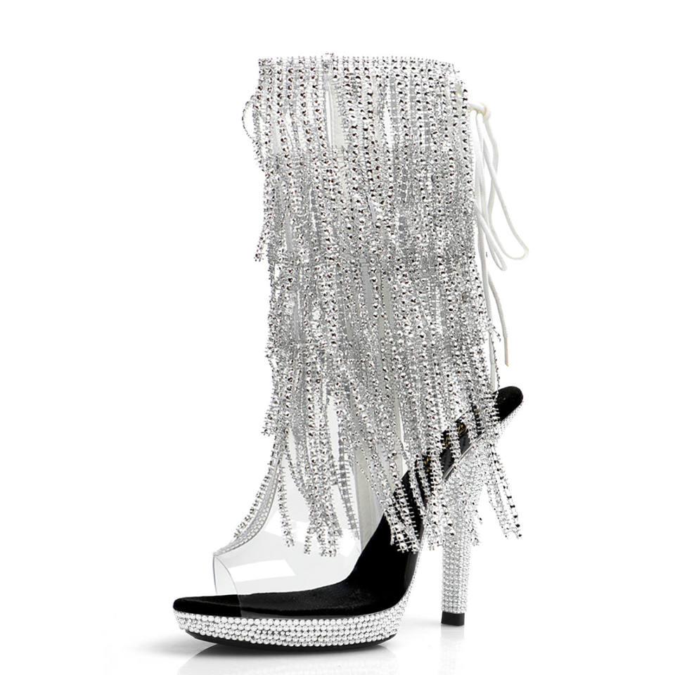 Summer Peep Toe Silver Rhinestone Tassel Ankle Booties Full Rhinestone ...