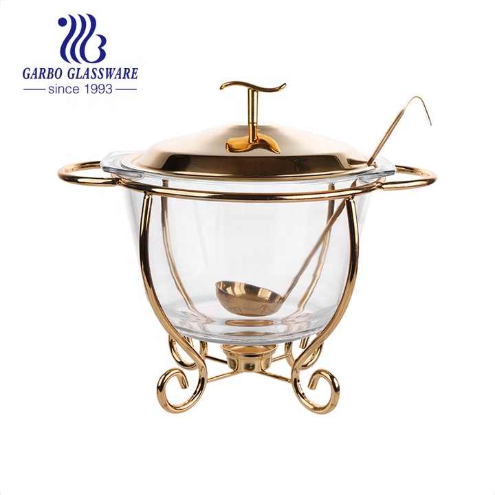 4L Round Shape Buffet Hot Pot Glass Food Warmer with Golden Silver Iron ...