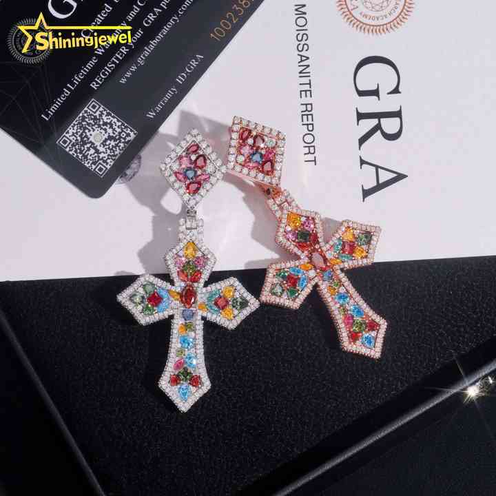 925 Sterling Silver Rapper Iced Out Colorful Moissanite Cross Pendant ...