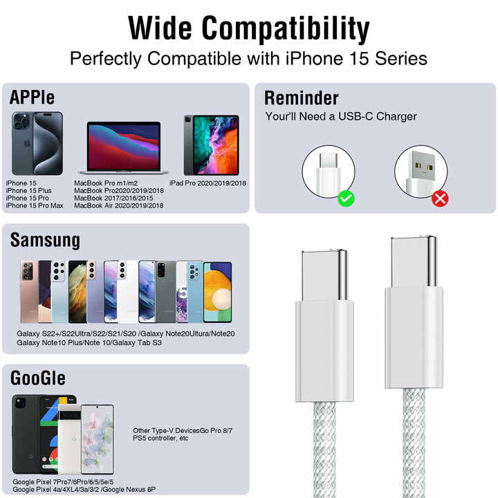 60W PD 3A Fast Charging Cable - USB Type-C to C for Iphone 15