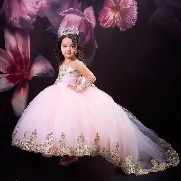 Cute Beauty Pageant Toddlers Full Sleeves Flower Girl Dresses Gold ...