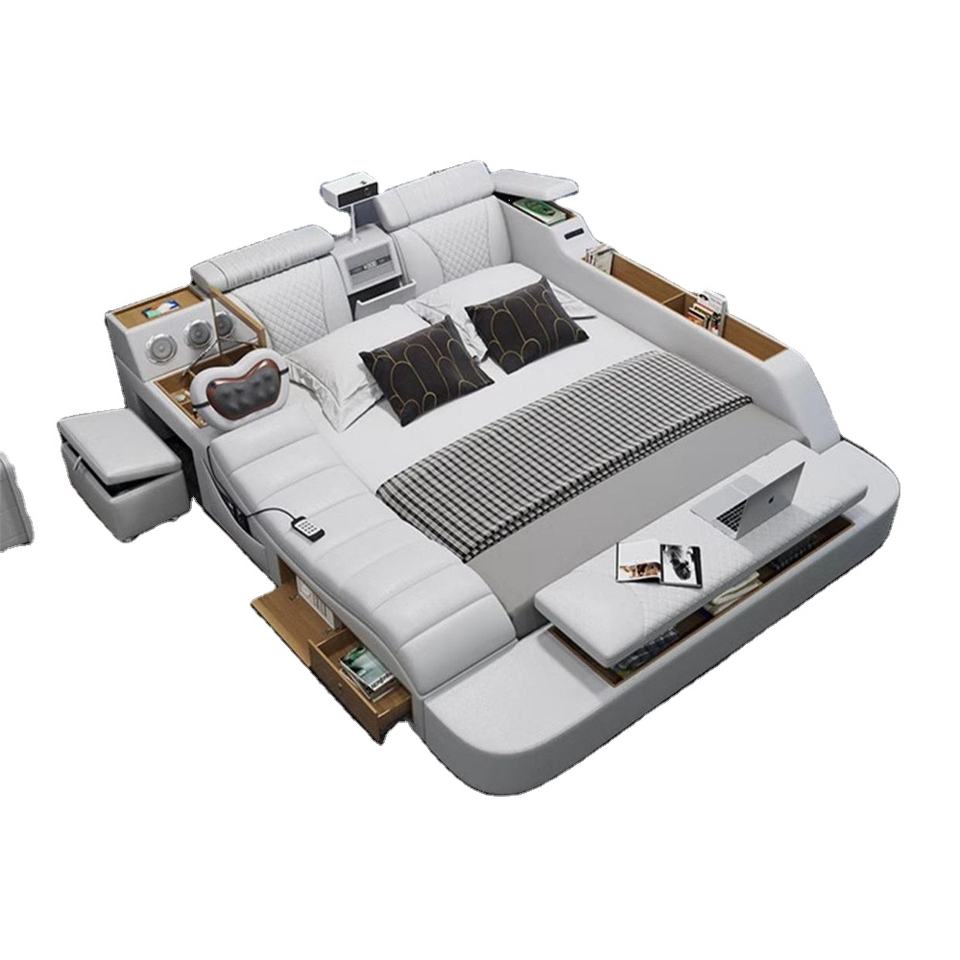Modern King-Size Smart Bed with Genuine Leather Upholstery, Projector ...