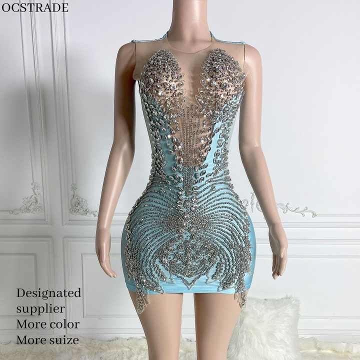 Ocstrade Luxury Light Blue Club Dress With Flower Rhinestone Bodice ...