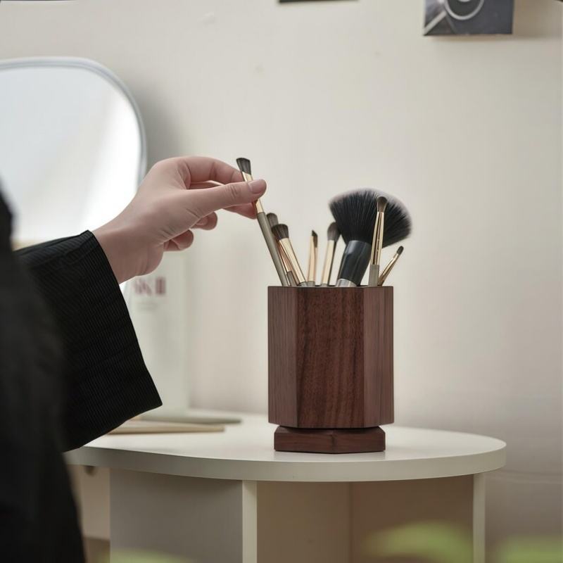 Rotating Walnut Wood Pen Holder 360 Desk Organizer Luxury Wooden Pencil ...
