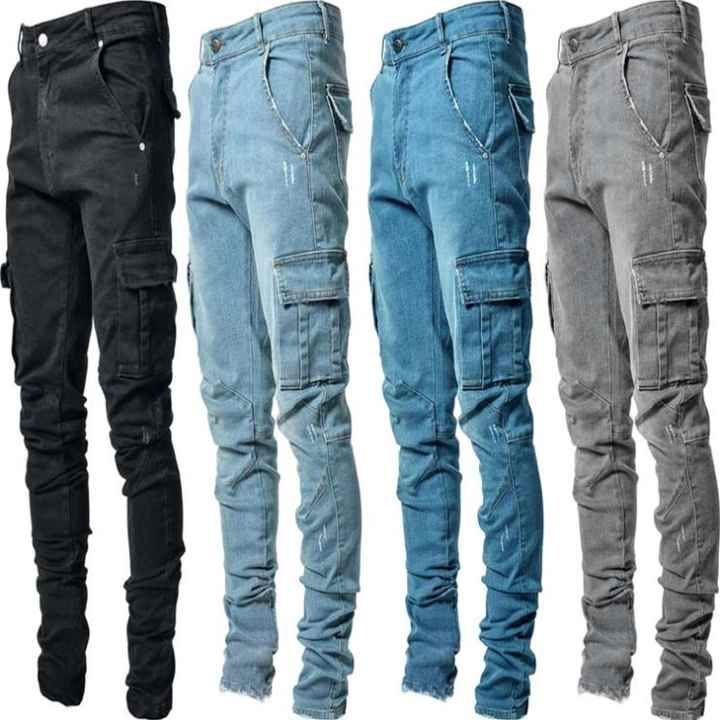 stack jeans men ripped denim trousers zip off cargo pants hip-hop ...
