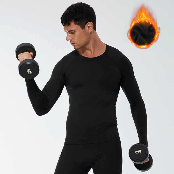 Men's Athletic Long Sleeve Polyester Compression Gym Shirt Warm T-Shirt ...