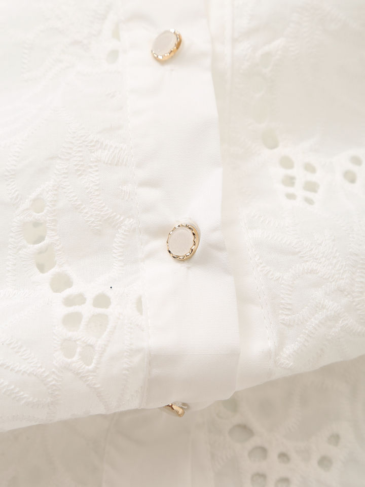 Embroidery Eyelet White Color Long Sleeve Turn Down Collar Casual ...