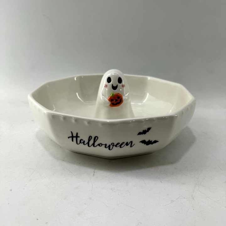 Handmade Hand-Painted Ceramic Candy Bowl Ghost Handle Country Design ...