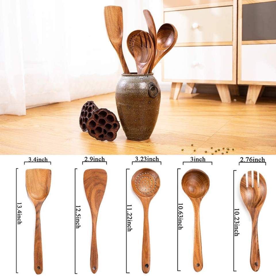 7 Piece Wooden Kitchen Utensil Set Teak Wood Spoons and Spatula for ...