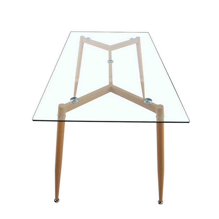 Modern Dinning Table Tempered Glass Tabletop Wooden Slanted Legs ...