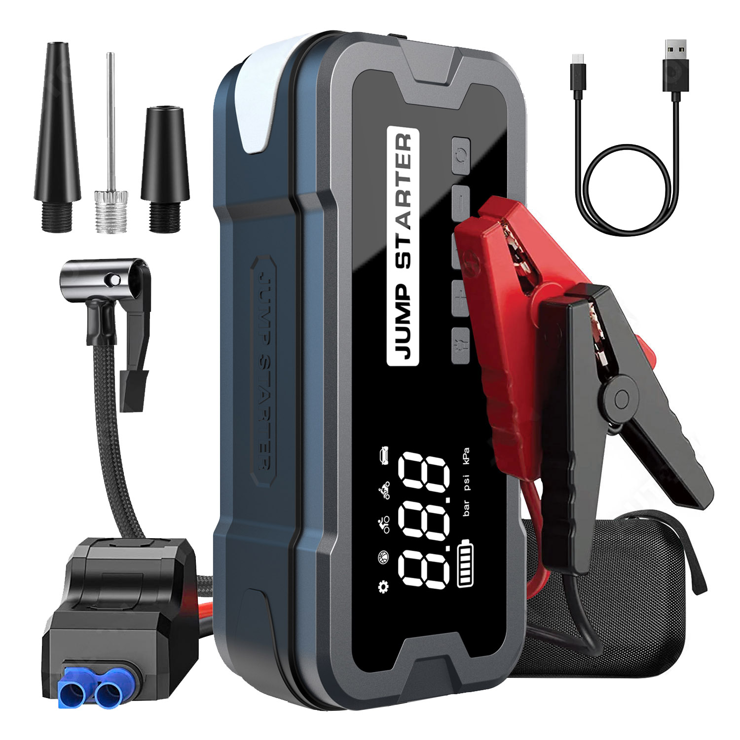 2024 Popular 4 In 1 Functions Portable Car High Power Jump Starter Battery Pack With Air Compressor