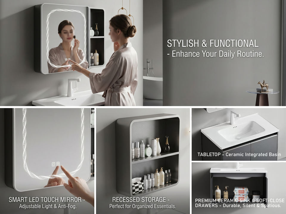PVC Bathroom Vanity Ceramic Integrated Basin LED Anti Fog Mirror Soft ...