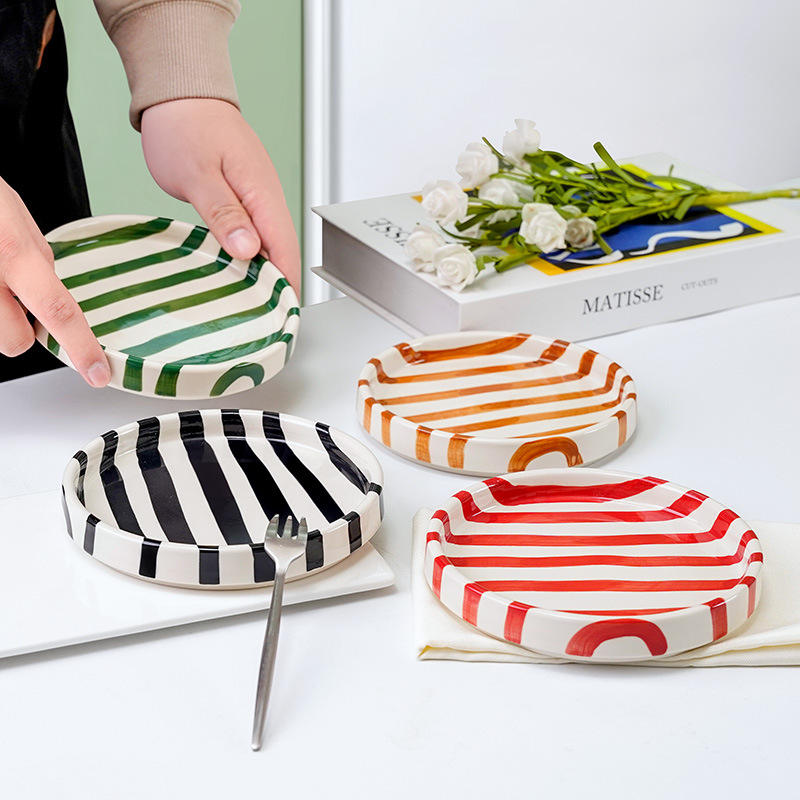 Nordic Artistic Hand-Painted Striped Ceramic Plate