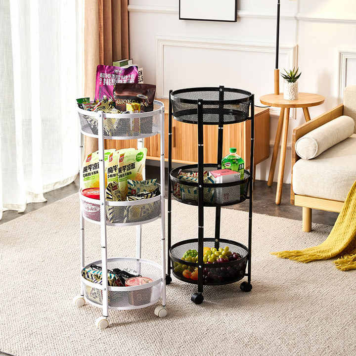 Multifunctional 3 - Tier Movable Storage Rack Metal Round Mesh Basket ...