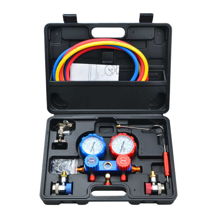 4 Way AC Manifold Pressure Gauge Tool Set Refrigeration Charging Kit ...