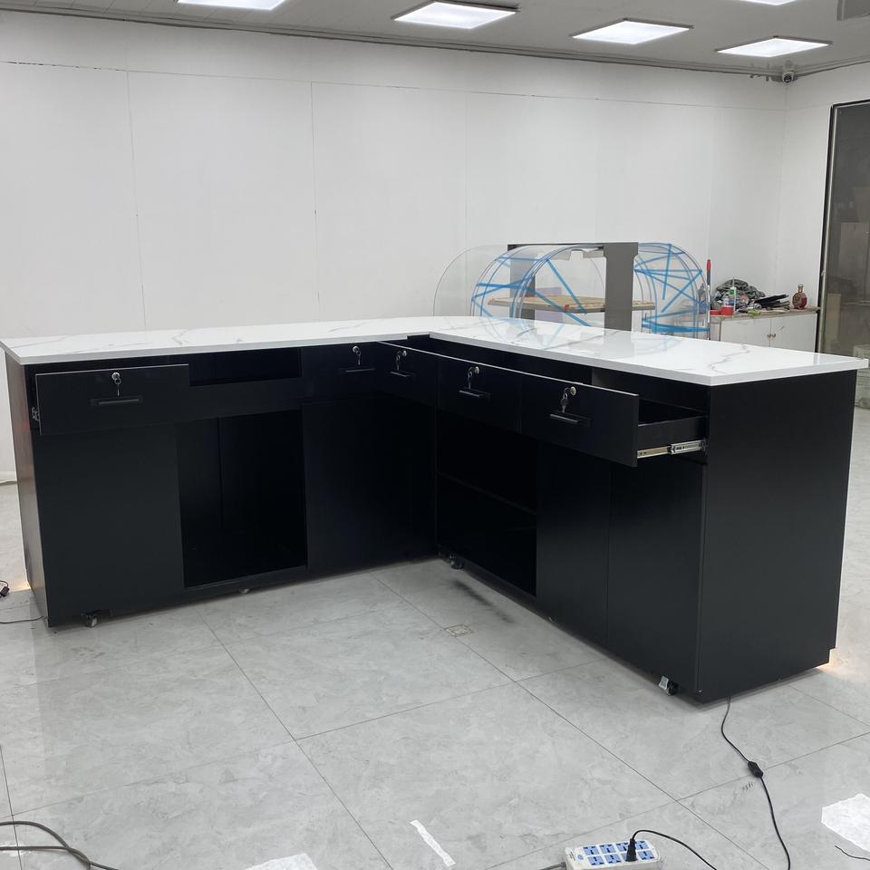 Curved Reception Counter with LED Strip Lighting Black Fluted Front ...