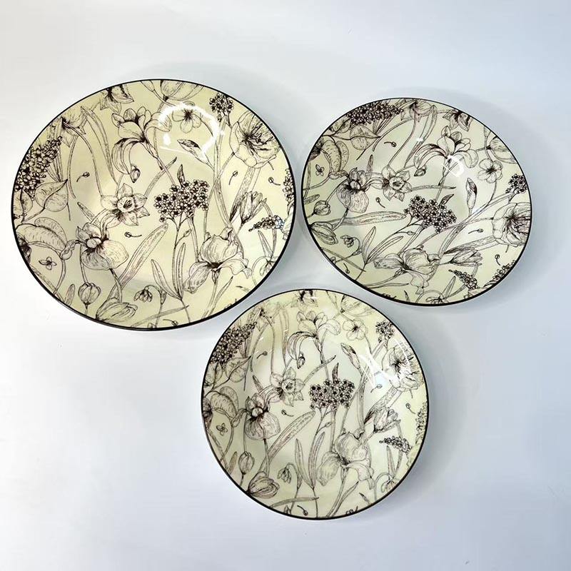 Black and White Line Drawing Floral Pad Printing Ceramic Dinnerware Set ...