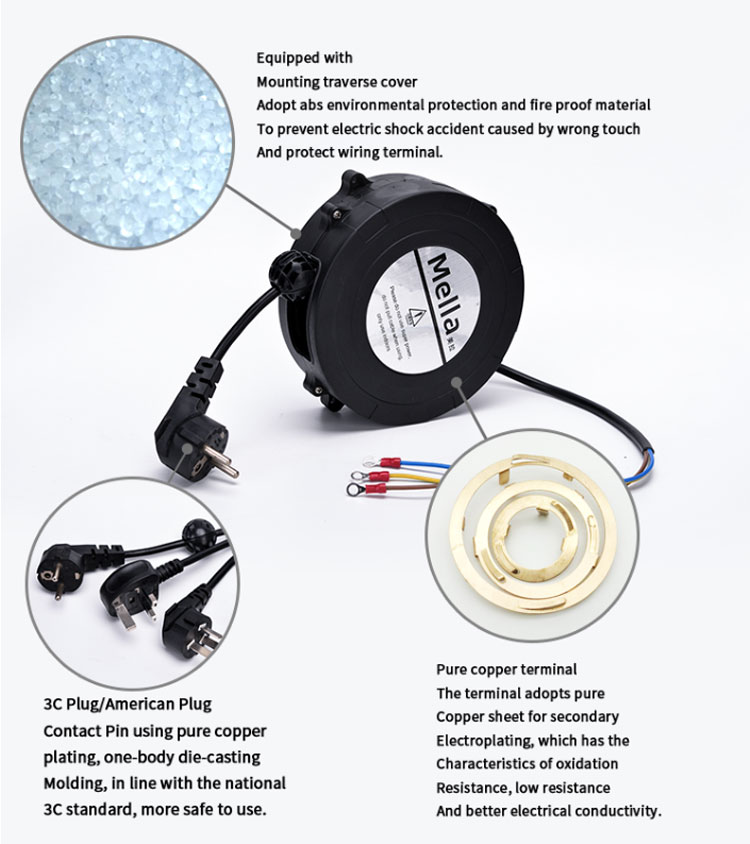 Retractable Spring Loaded Cable Reel H05vvf 3 Cores 1.0mm2 Extension ...