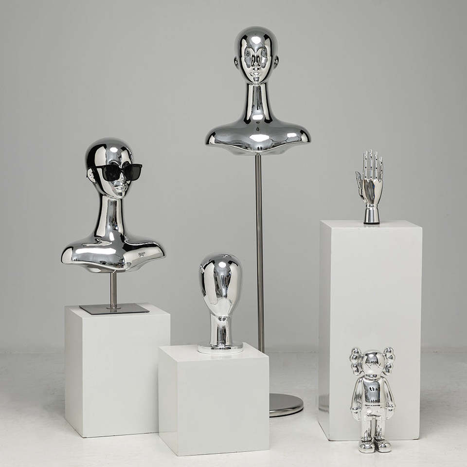Wig Display Head Plastic Mannequin Bust Chrome Electroplated Metal Base ...