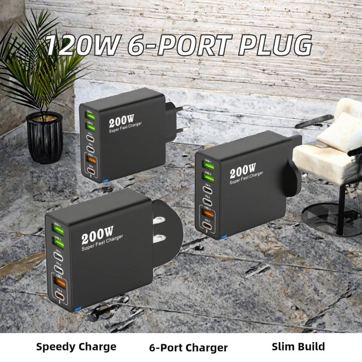 200W Super Fast Charging 6-Port Wall Charger Block Plug 3PD Type C PD ...