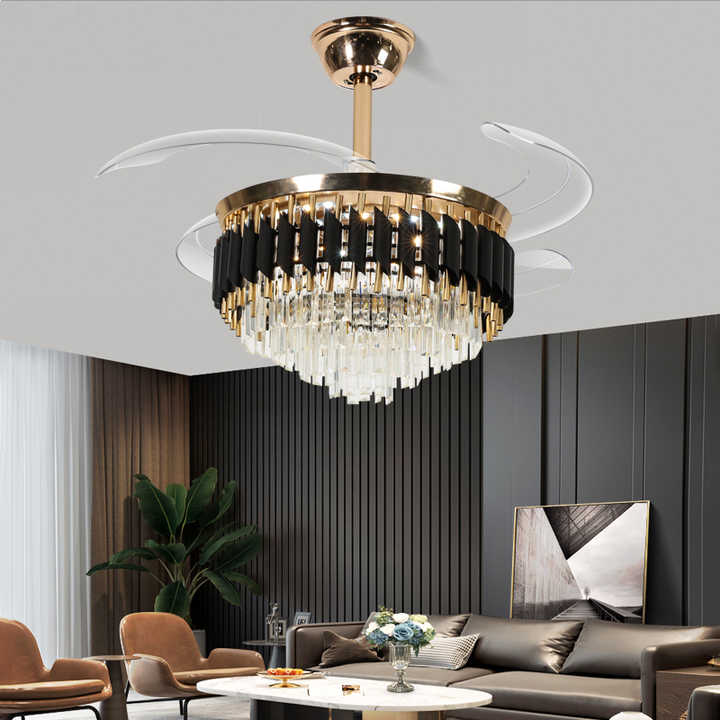 Modern Luxury LED Fan DC Motor Gray Retractable Chandelier Remote ...