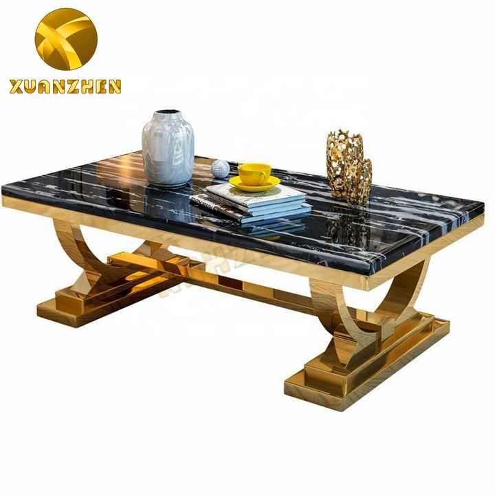 Living Room Furniture Luxury Marble Coffee Table Gold Metal Center ...