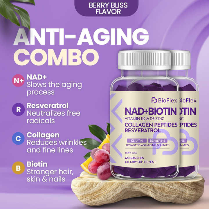 BioFlex NAD Gummies with Biotin Collagen Resveratrol Vitamin D3 & K2 ...