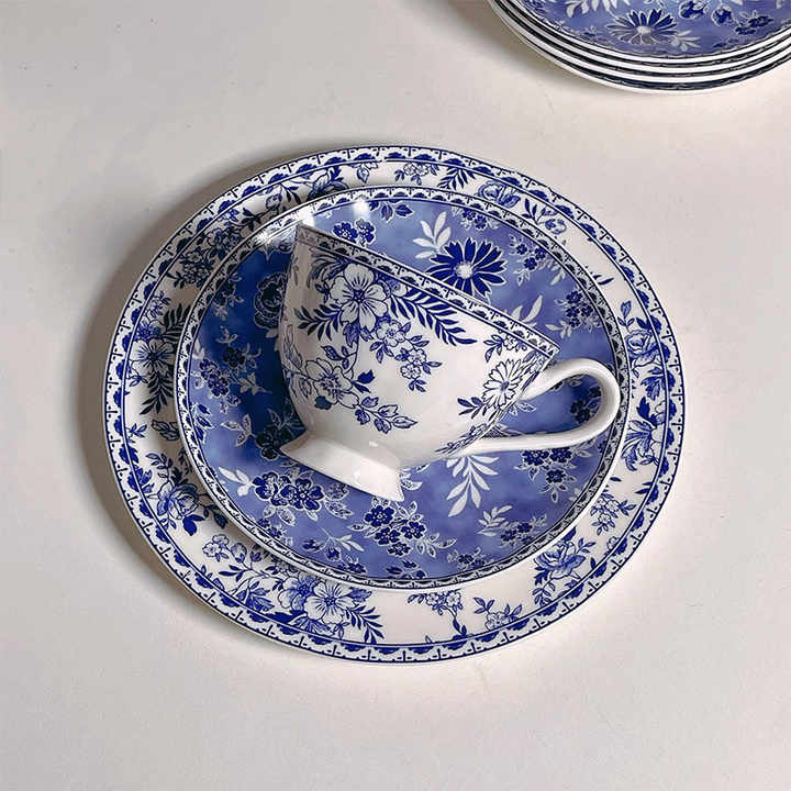 Retro Blue Flower Ceramic Cup and Saucer French Porcelain Coffee Cups ...