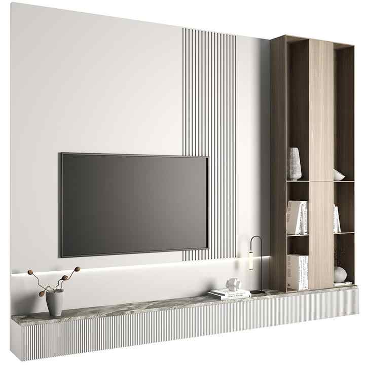 KEJIA Modern TV Wall Unit with Fluted Panel Wood Grain Marble Top for ...