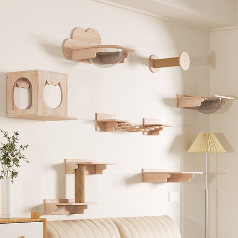 Solid Wood Indoor Wall Mount Furniture Cat Tree House with Hammock ...