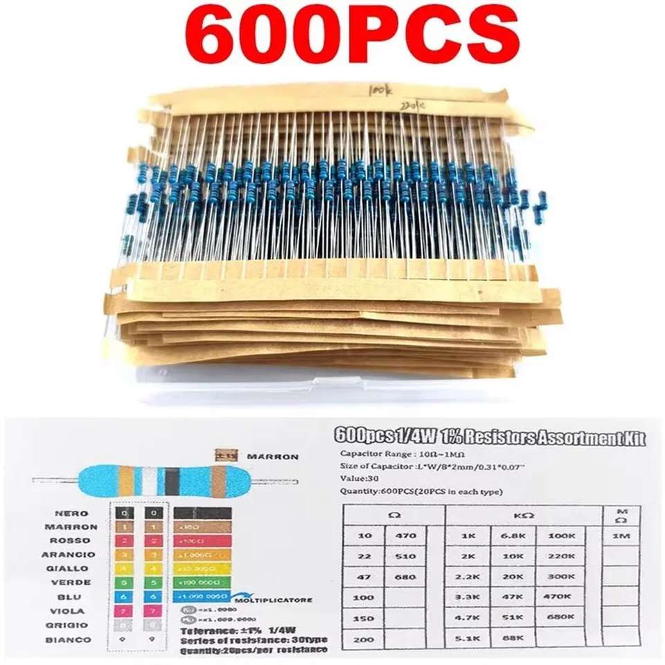 600pcs Resistor Kit 10 Ohm-1MOhm Resistors 1/4W 1% Carbon Film Single ...