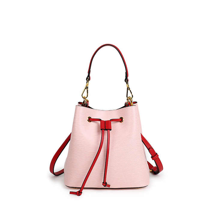 Fashion microfiber lining leather bucket bag removable top handle pink ...